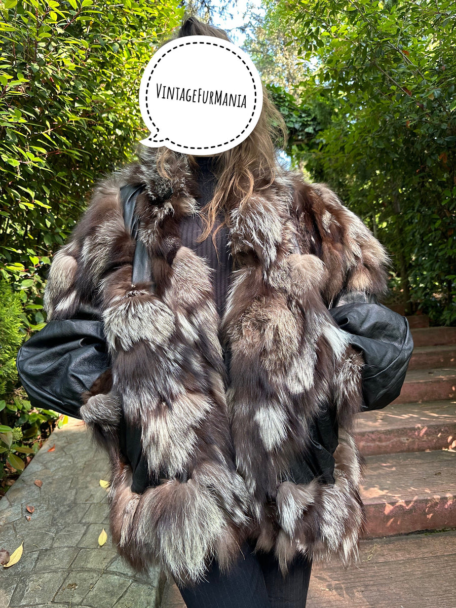 Silver fox fur coat with black leather, XL real fur coat, vintage fur ...